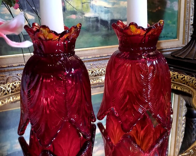Ruby Red Amberina Fenton Art Glass Embossed Leaf |tulip 2-way Footed ...