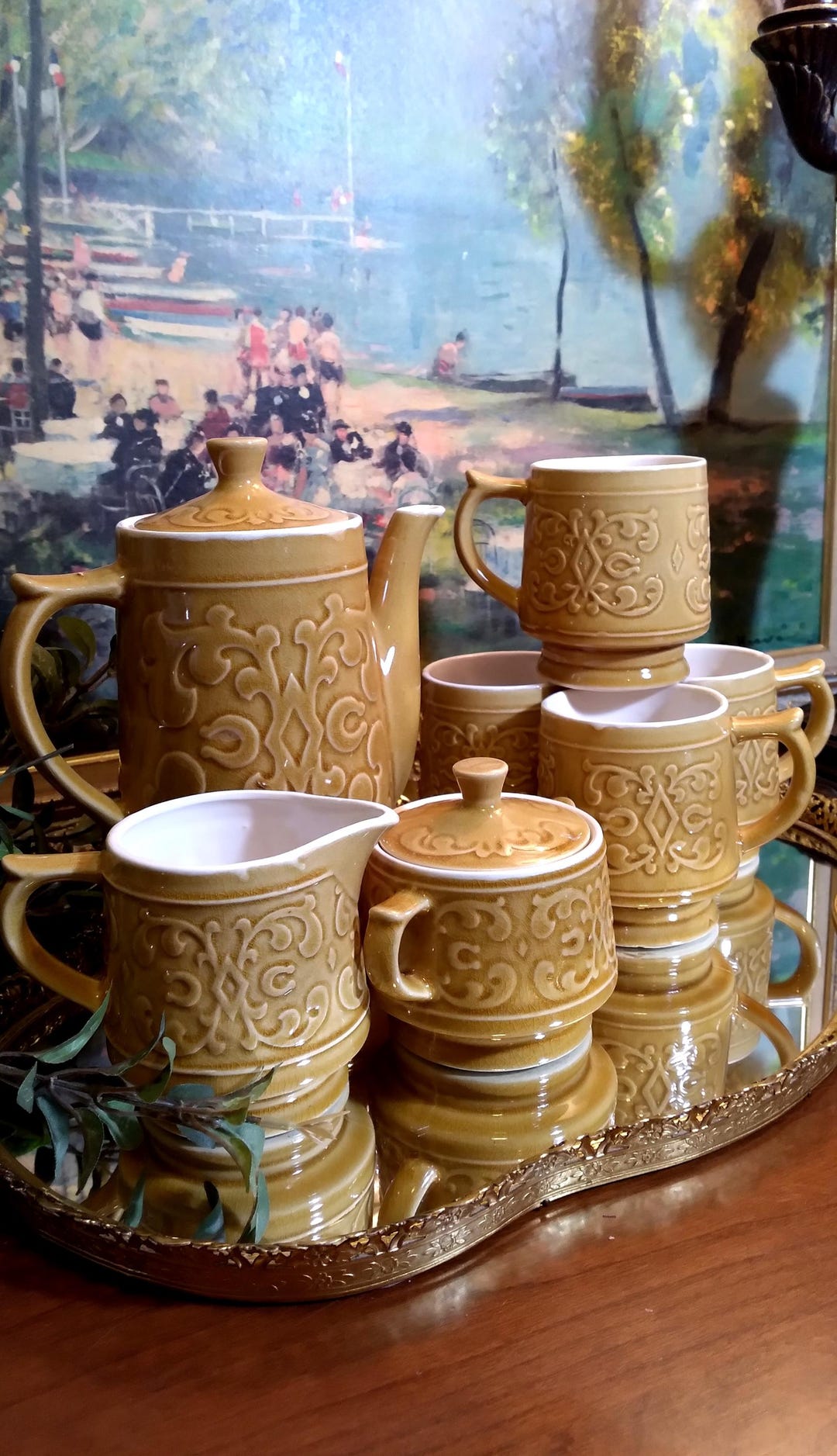 Vintage Gold Ceramic Pottery Coffee Service (9) Piece Set | MCM Tan ...