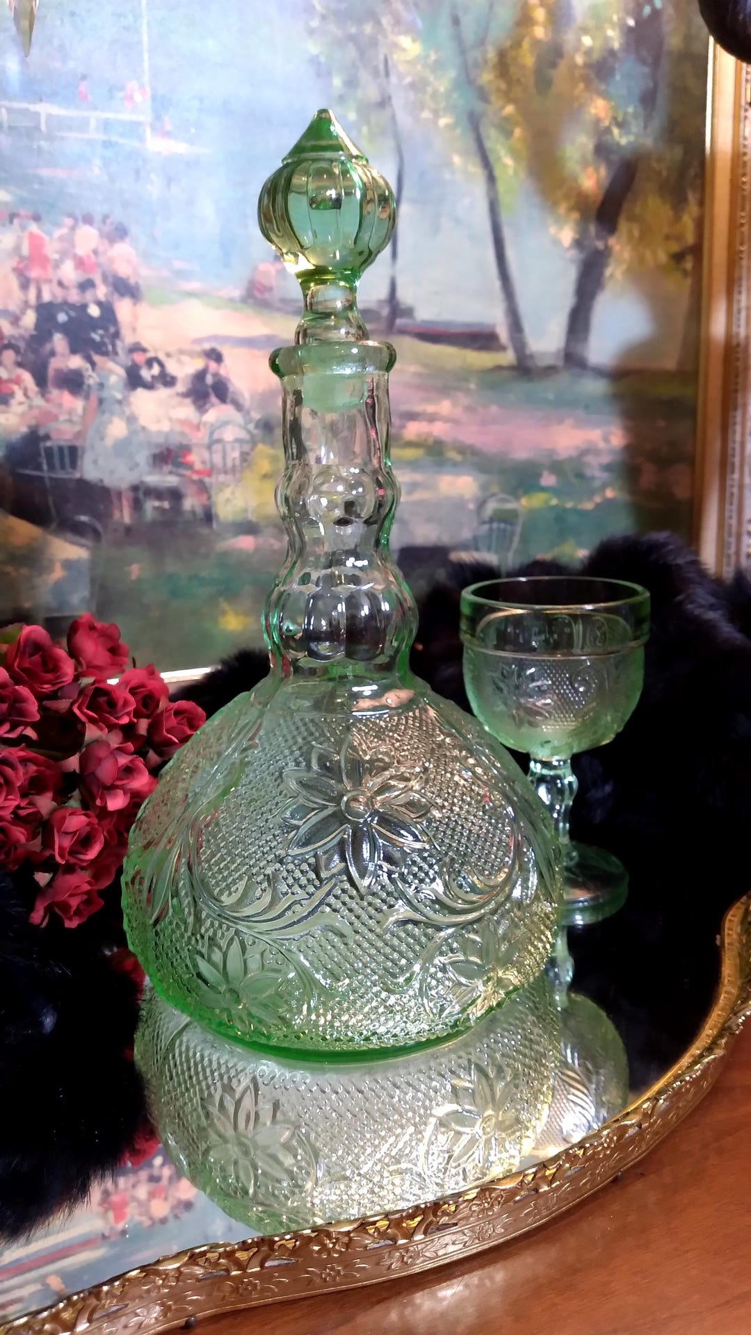 Vintage Tiara Chantilly Green Sandwich Glass 10" Decanter & Stopper - Etsy