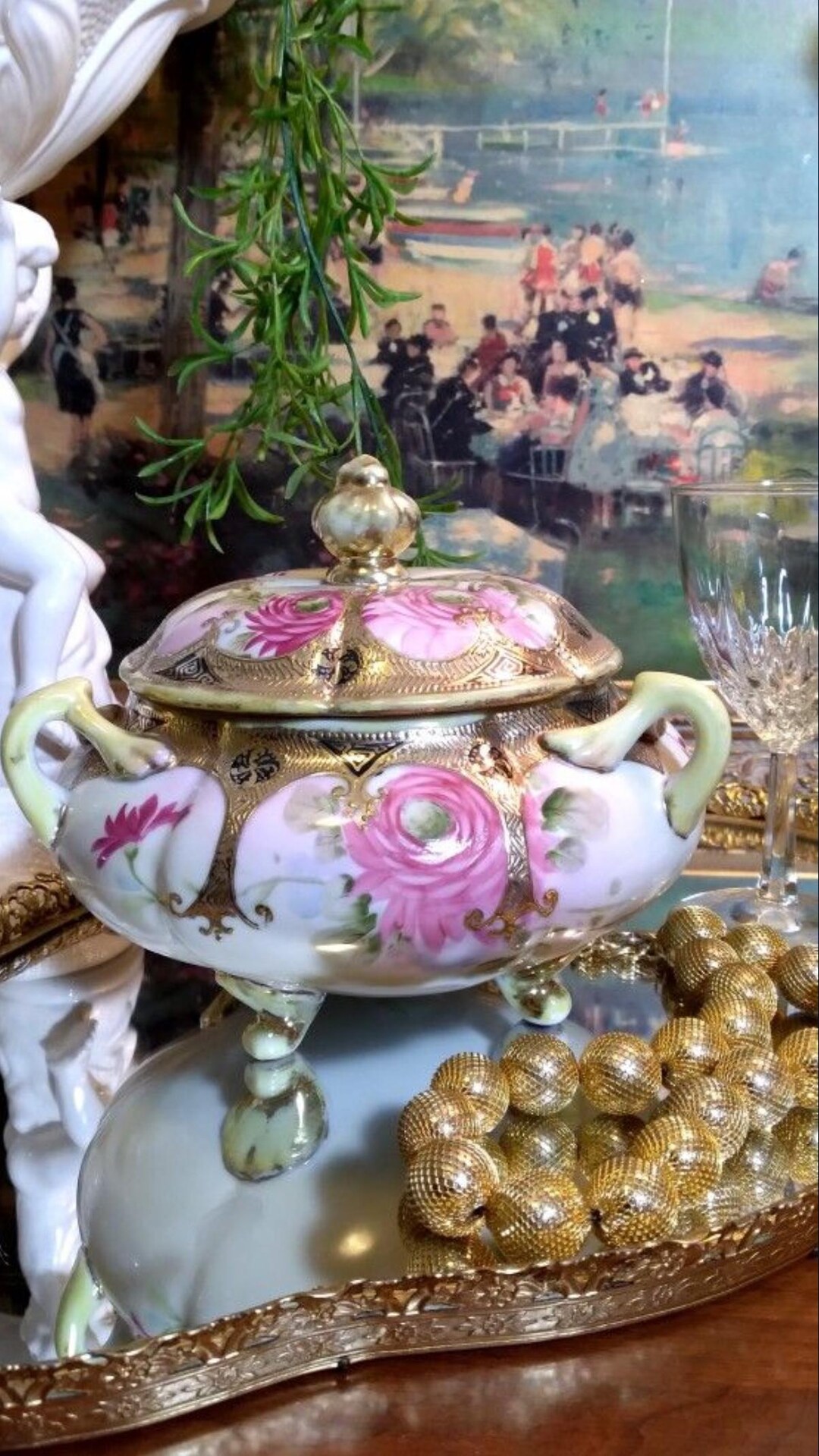 Antique Hand Painted Nippon Japanese Tri - Handle Covered Footed Bowl ...