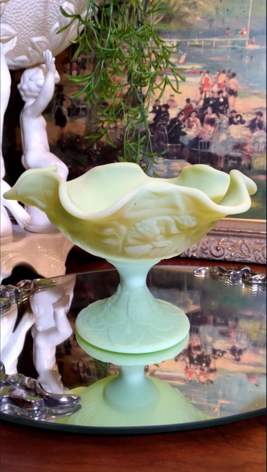 Fenton Lime Sherbet Satin Glass Water Lily Pedestal Compote Dish - Etsy