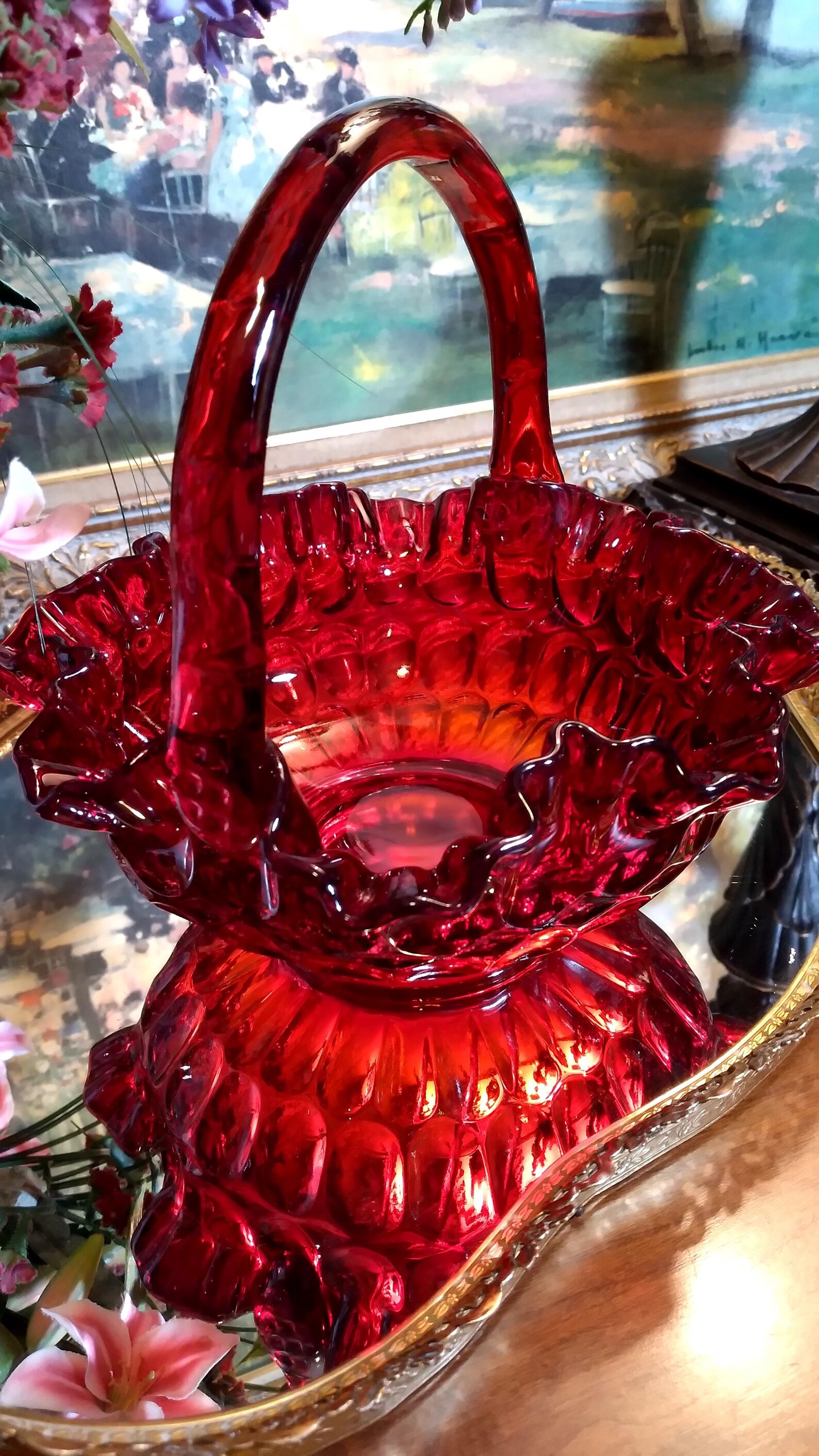 Vintage Fenton Ruby Red Thumbprint Glass Handled Basket 8" - Etsy