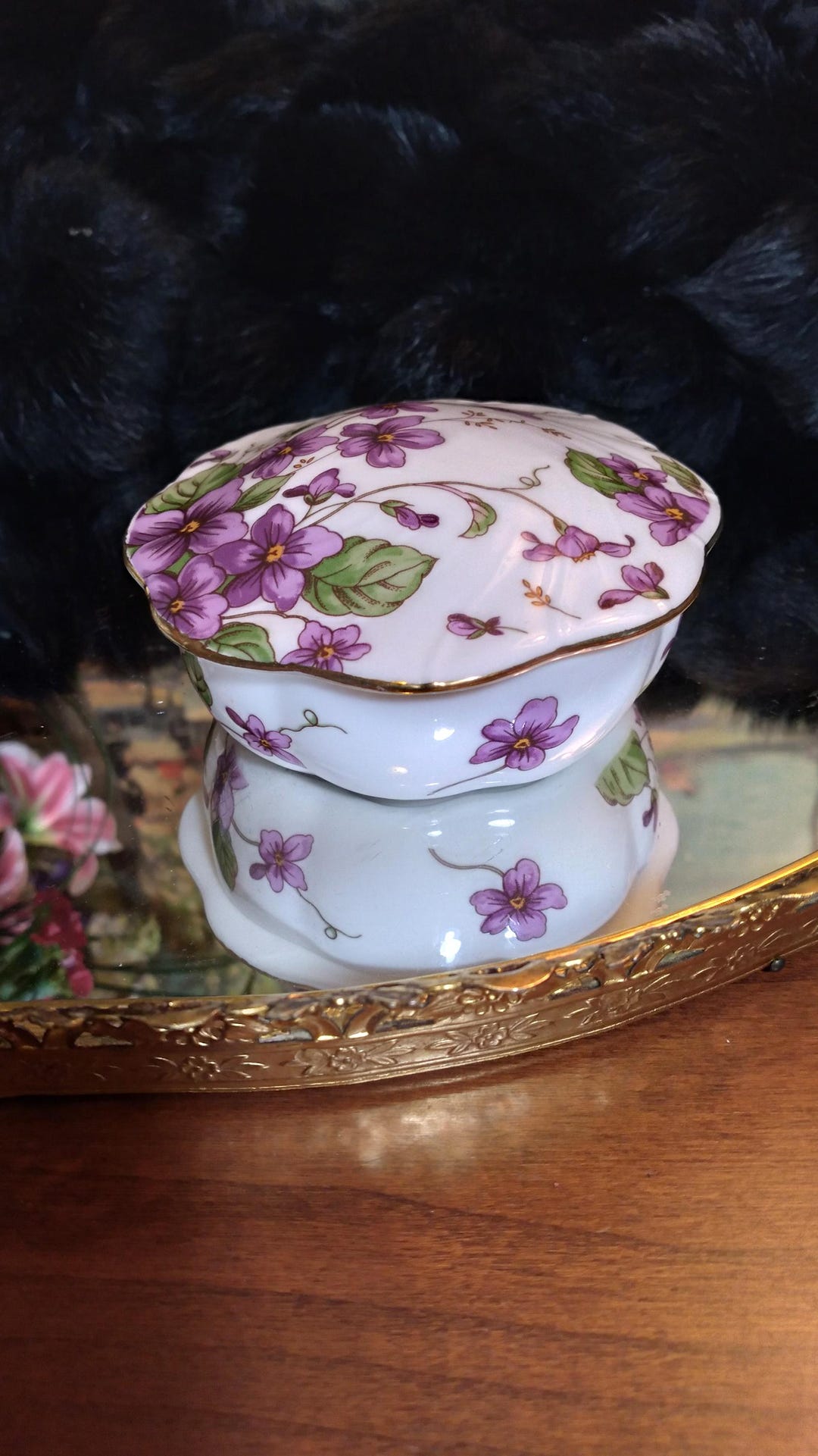Vintage Lefton Porcelain Violets Trinket Box W Lid Gold Trim - Etsy