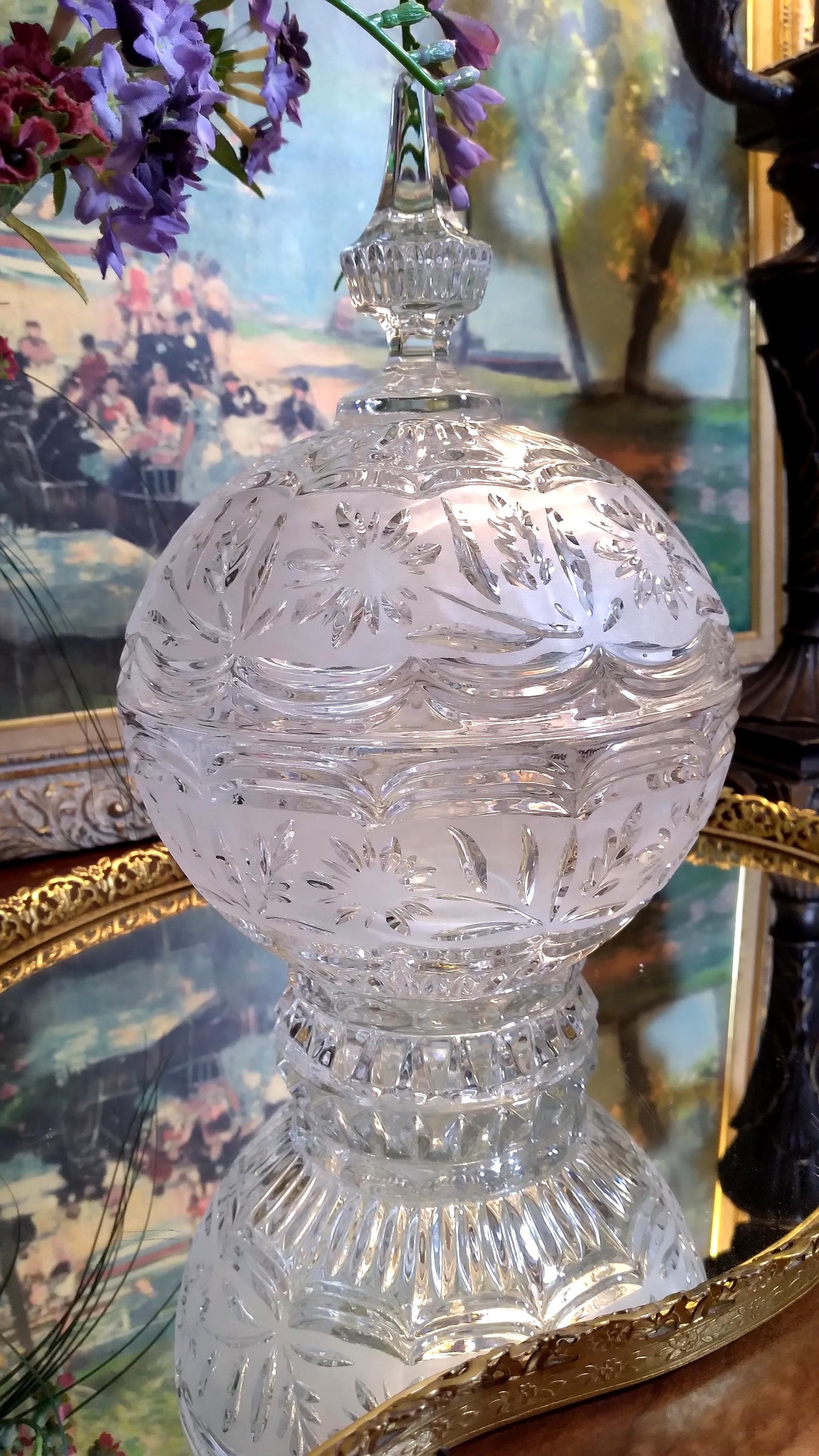 Vintage 10" Round Crystal Footed Candy Dish| Cut Crystal Etched Floral ...