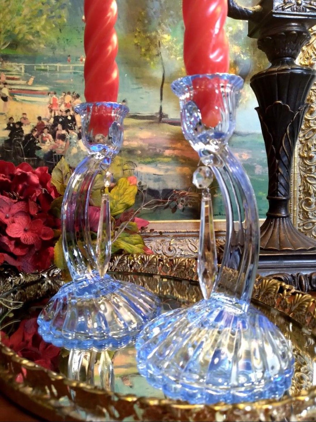 Cambridge Caprice Moonlight Blue Tall Candlestick Holder W Prisms Set ...