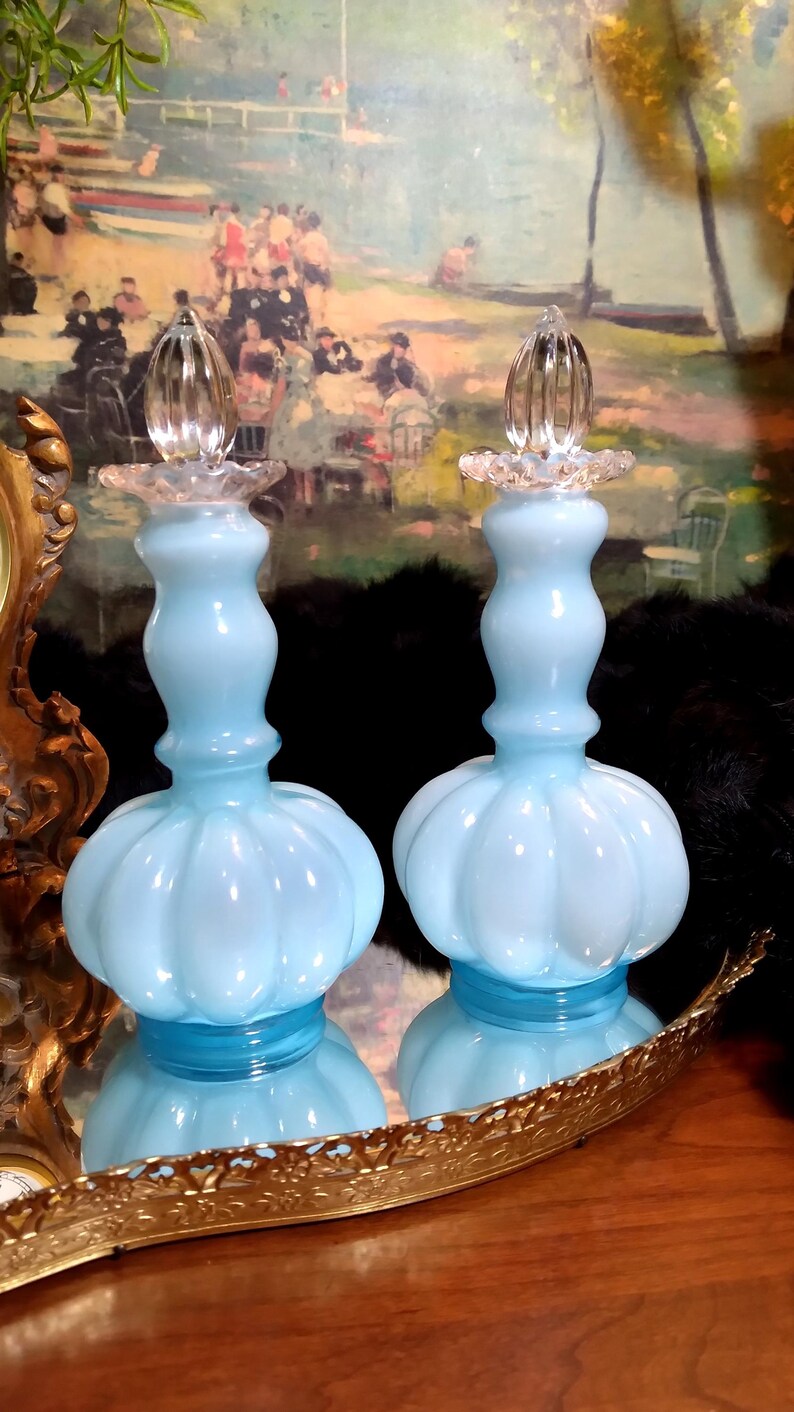 Fenton Blue Overlay 7" Cologne Bottle & Lid Set of (2) Fenton Blue ...
