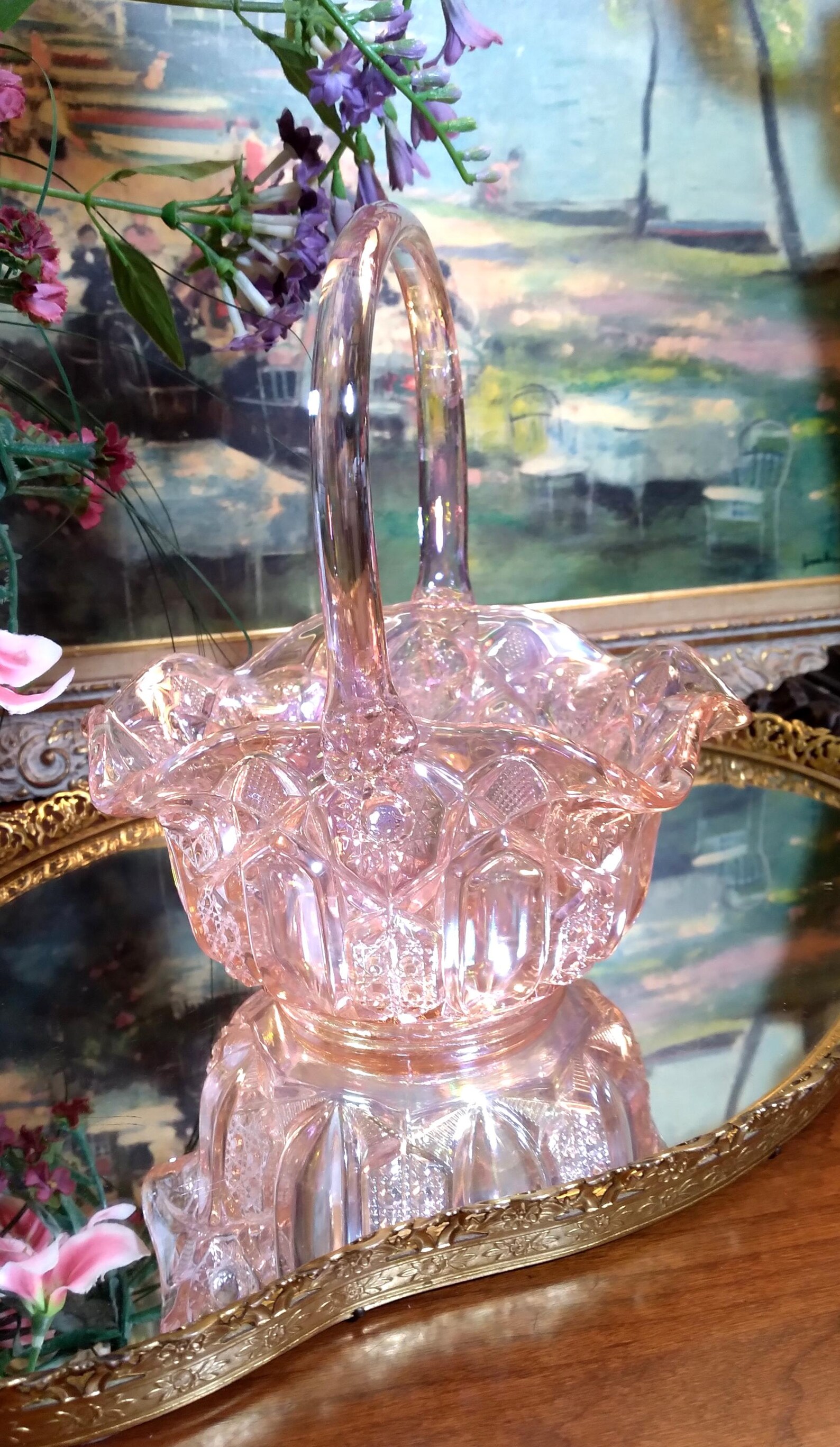 Vintage Smith Glass Quintec Pink Carnival Glass 8" Basket - Etsy