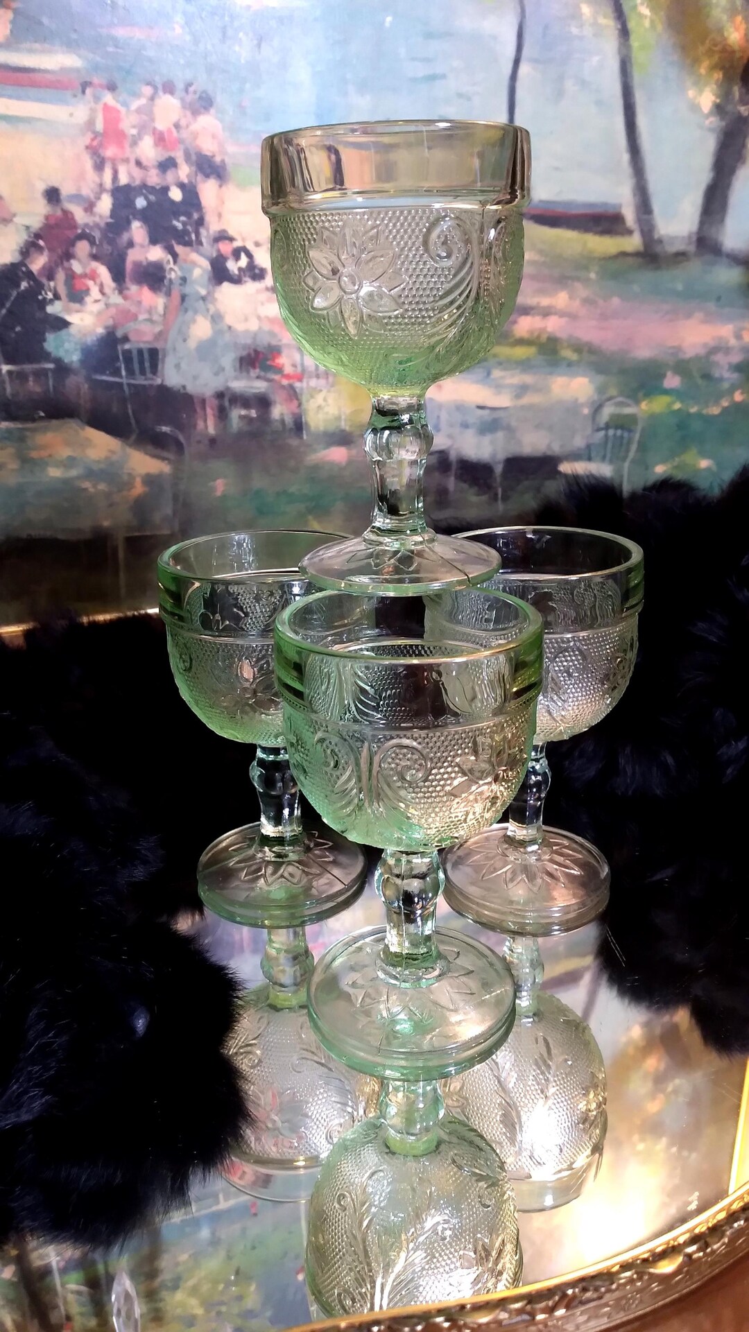 Vintage Tiara Chantilly Green Sandwich Wine Glass Set of (4) - Etsy