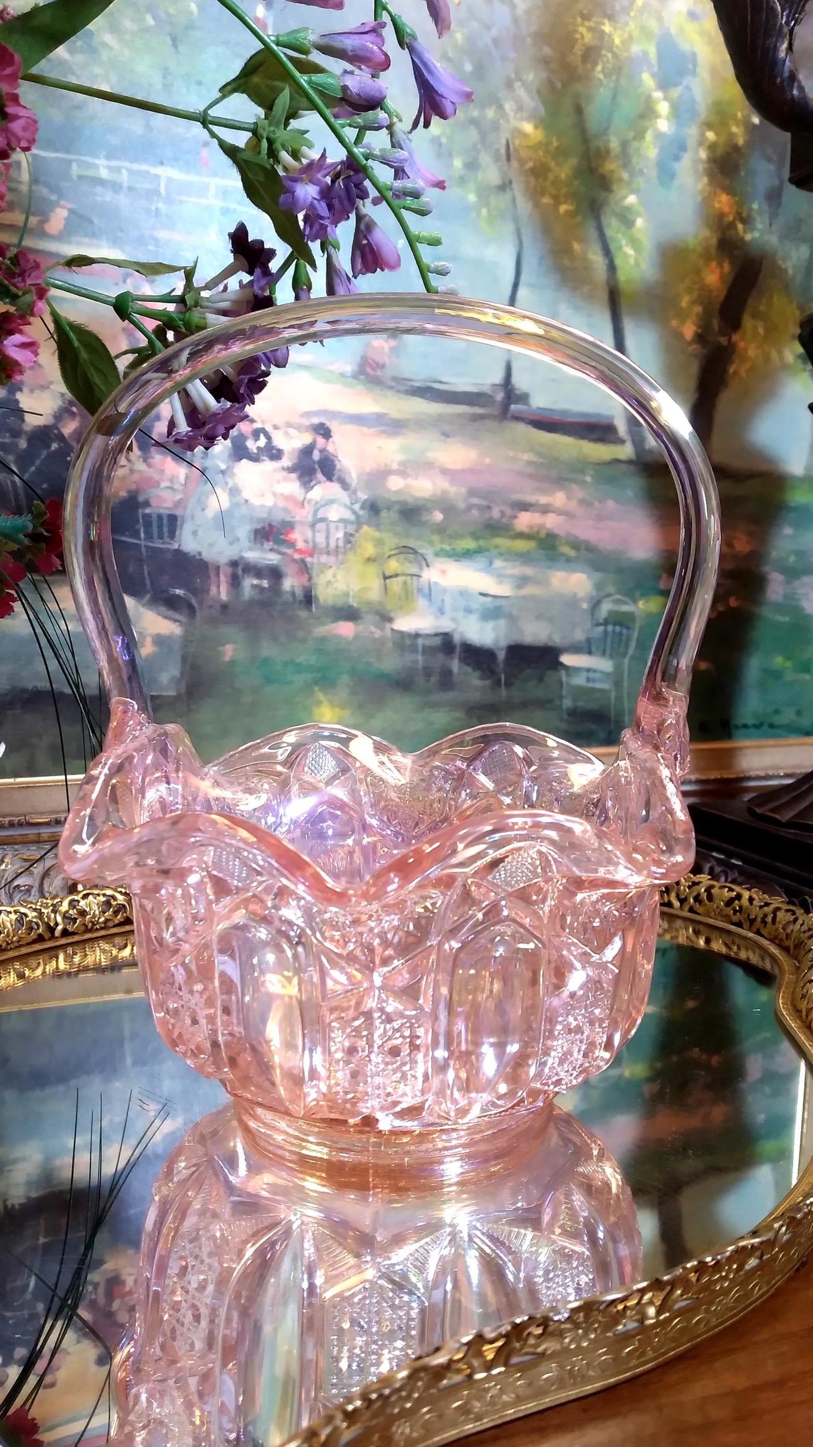 Vintage Smith Glass Quintec Pink Carnival Glass 8" Basket - Etsy