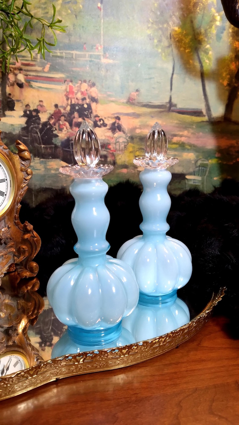 Fenton Blue Overlay 7" Cologne Bottle & Lid Set of (2) Fenton Blue ...
