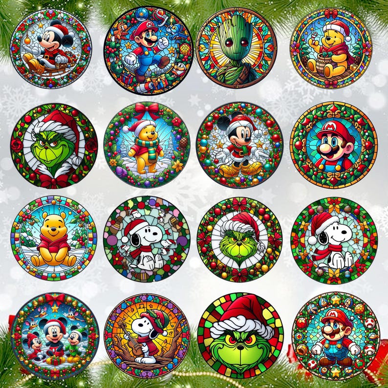 Files Cartoon Stained Glass Xmas Ornament Bundle PNG, Christmas Round ...