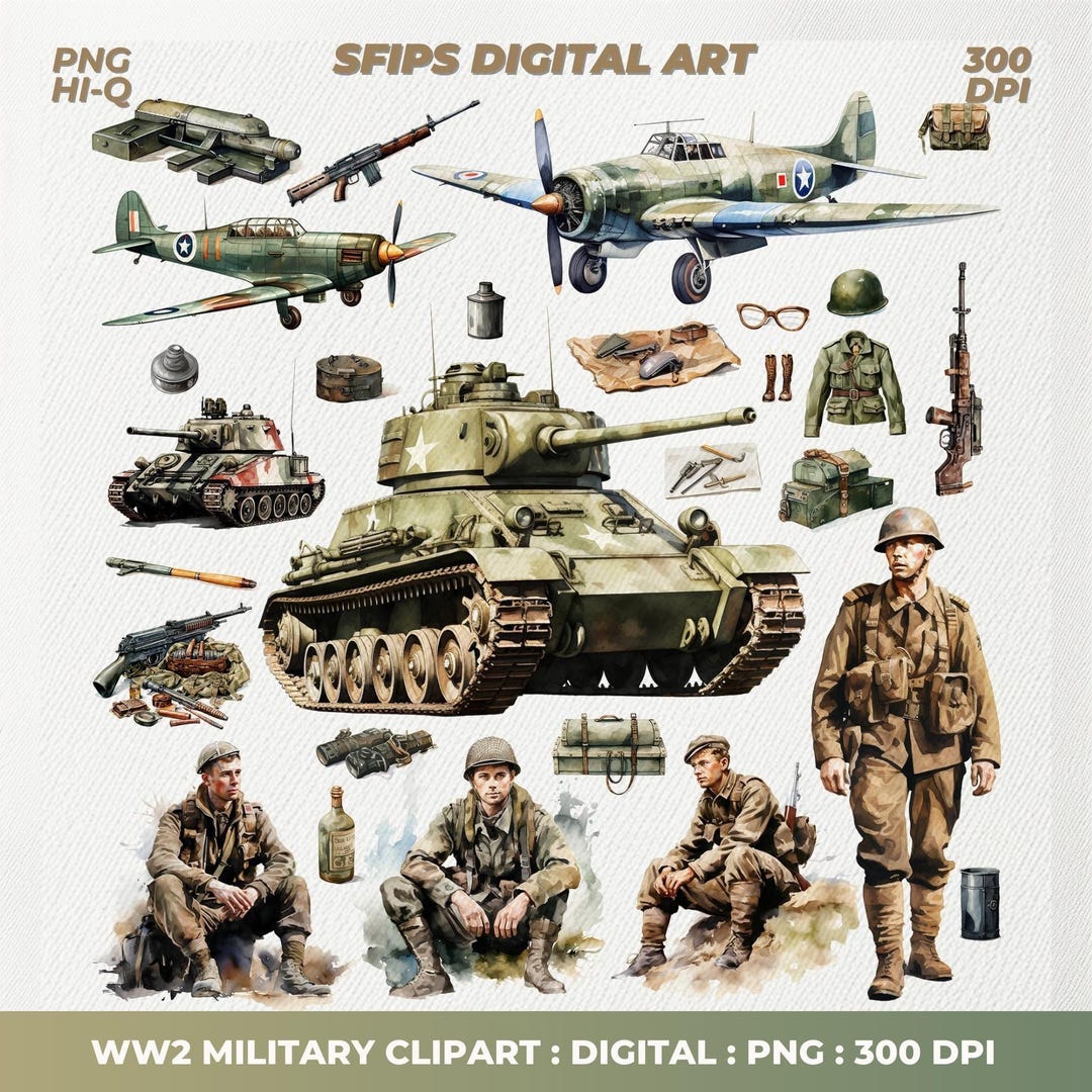 Watercolor Military Clipart: 100+ Army Designs, WW2 PNG (digital File ...