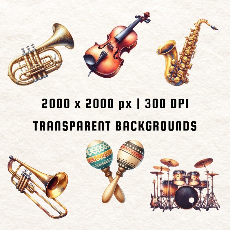 Watercolor Musical Instrument Clipart: Piano, Guitar, Violin (digital ...