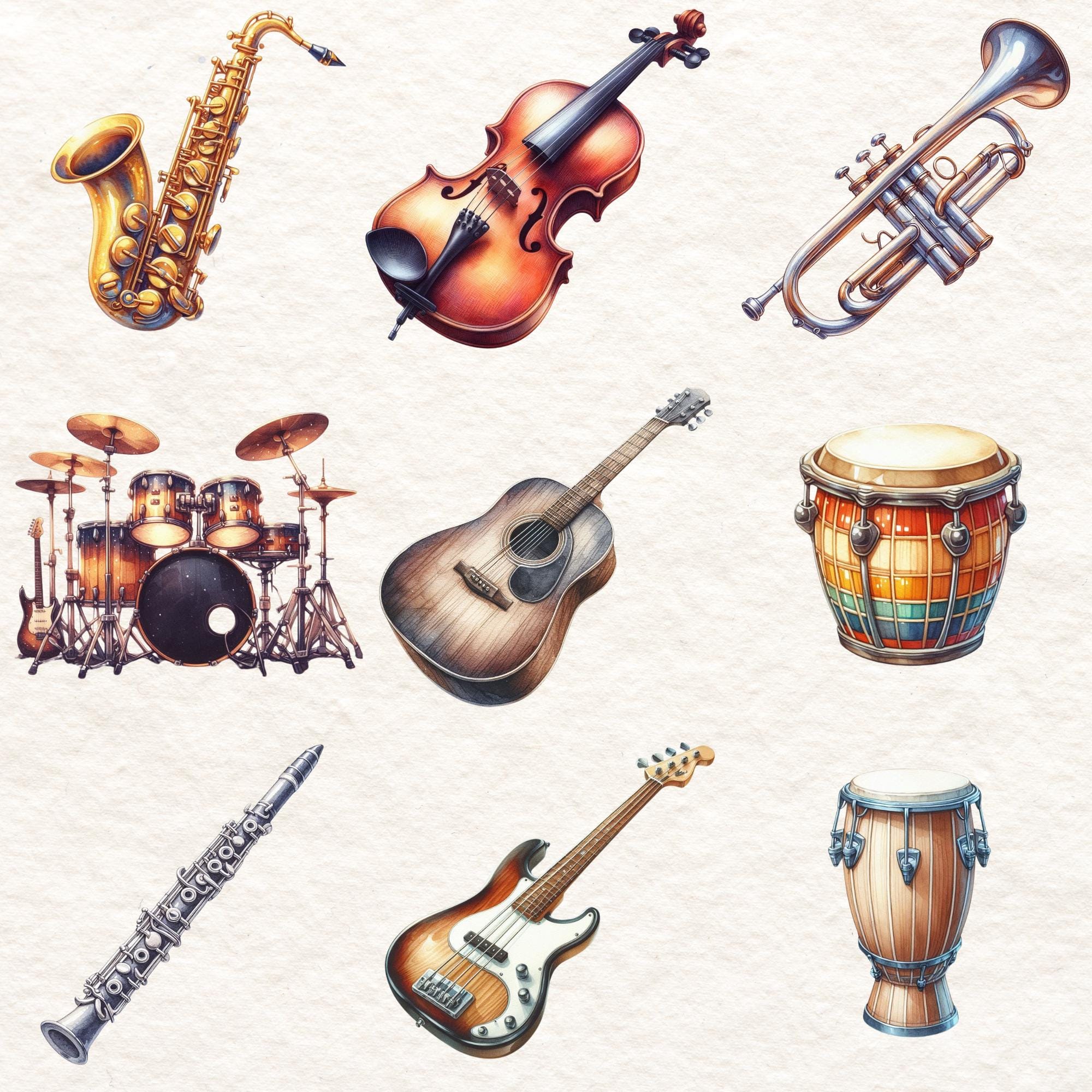 Watercolor Musical Instrument Clipart: Piano, Guitar, Violin (digital ...