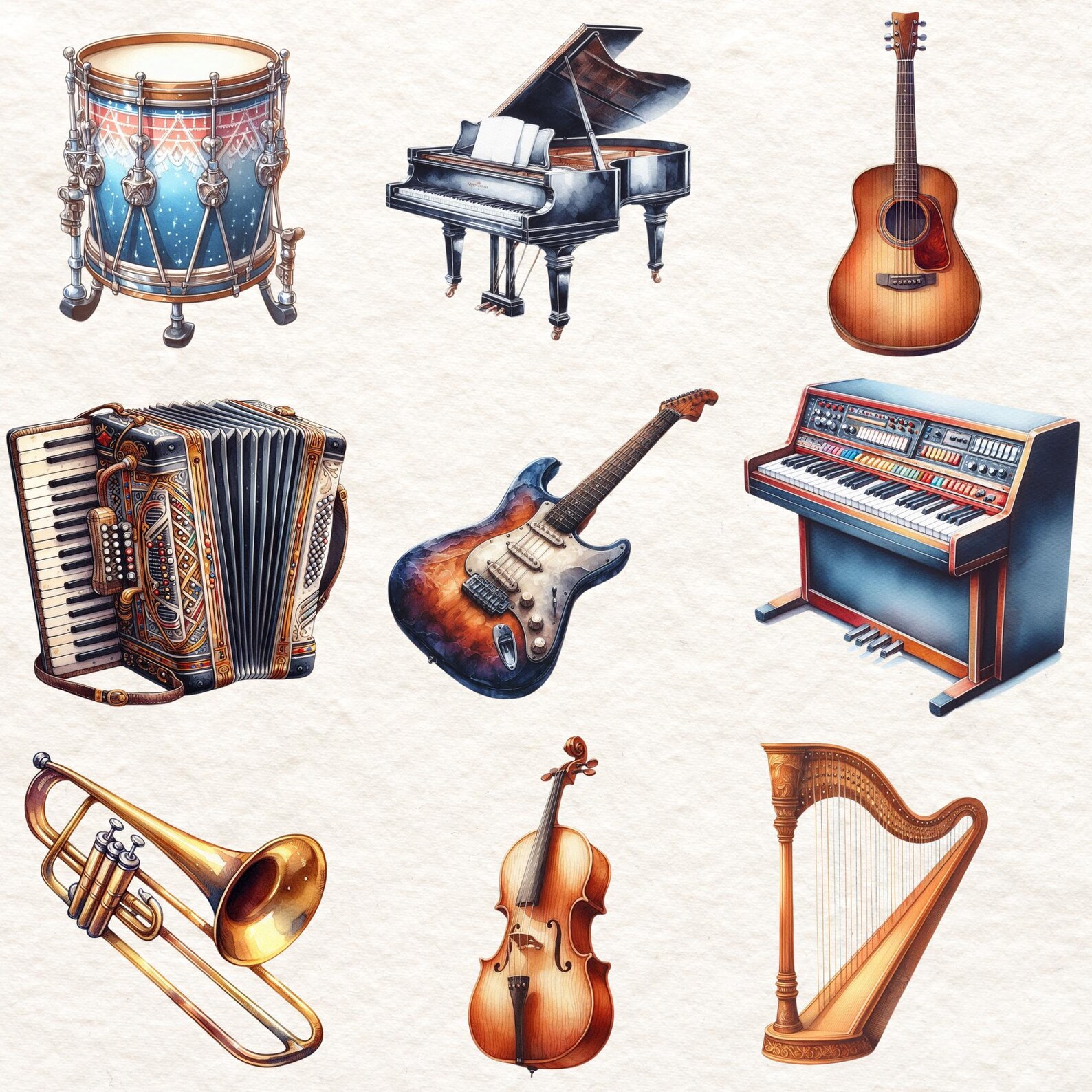 Watercolor Musical Instrument Clipart: Piano, Guitar, Violin (digital ...