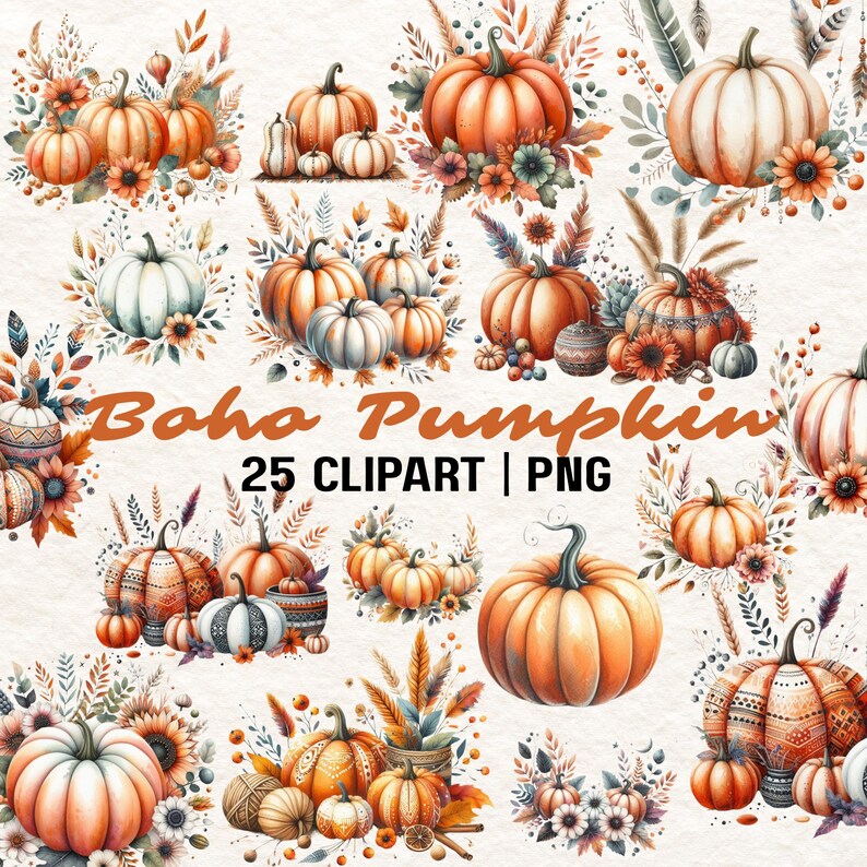 25 Boho Pumpkin Clipart | Pumpkin Printable | Autumn Clipart | Fall ...