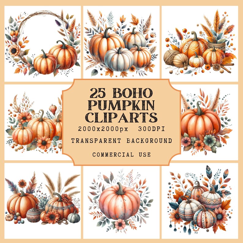 25 Boho Pumpkin Clipart Pumpkin Printable Autumn Clipart Fall Clipart ...