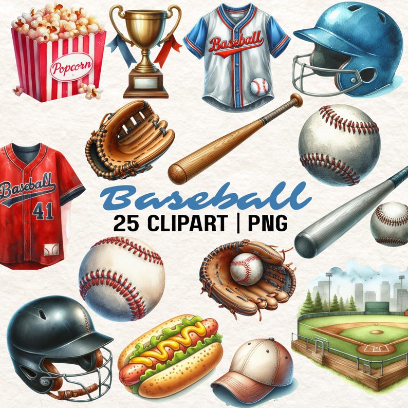 25 Baseball Watercolor Clipart: Sports Graphics (PNG Digital Download ...