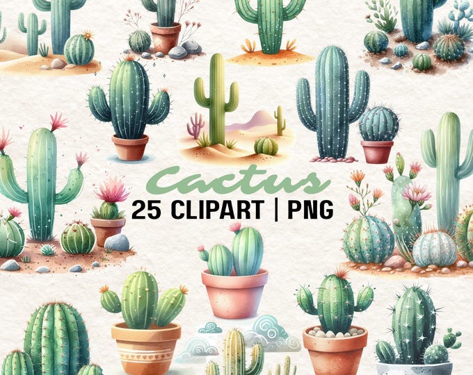 Succulent Cactus With Pots Clipart Set | Watercolor Clip Art Cacti ...