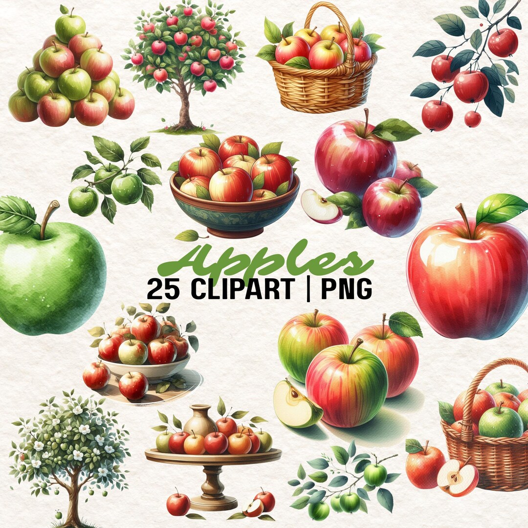Watercolor Apple Clipart: Apple Tree PNG Set (digital Download) - Etsy