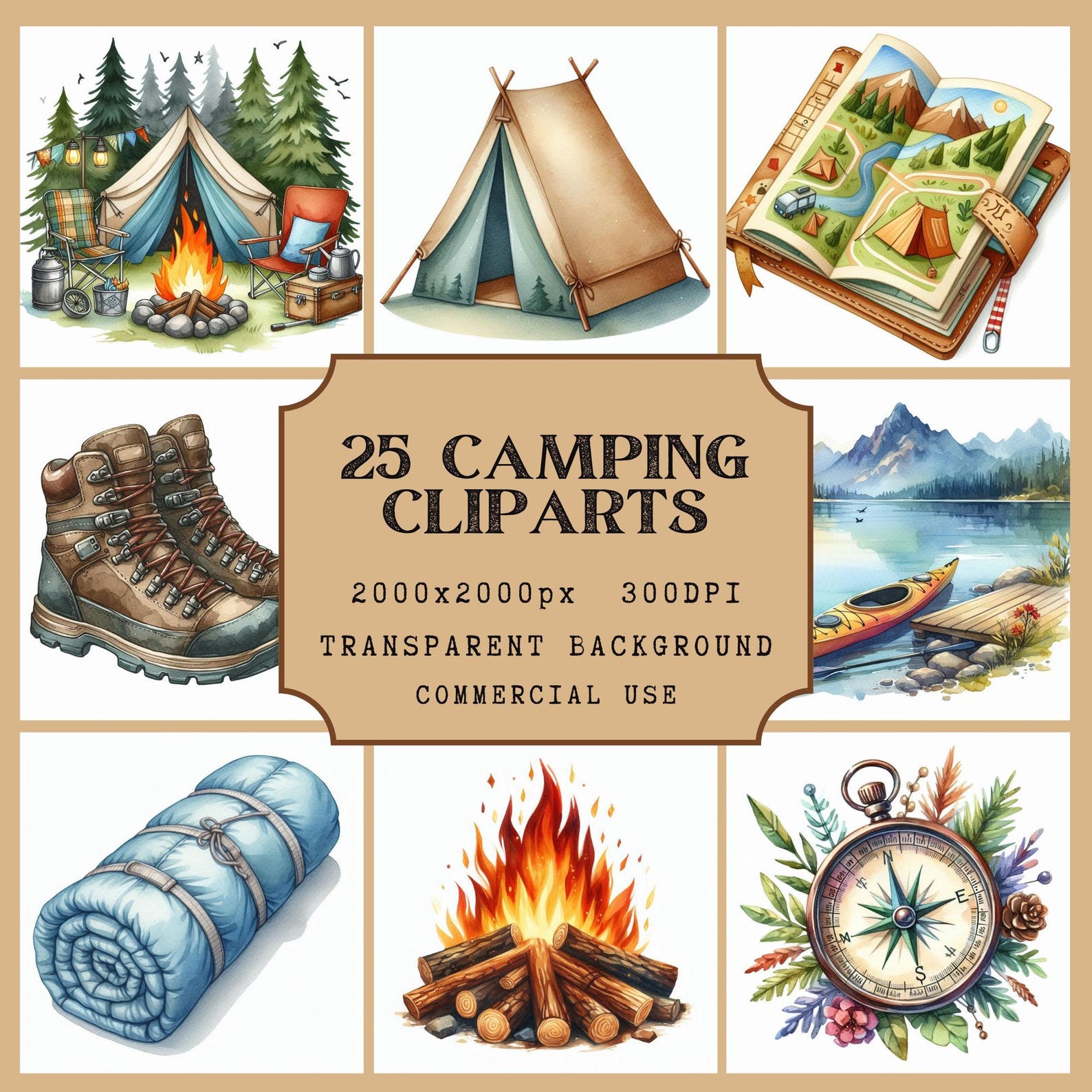 25 Camping Watercolor Clipart | Transparent Background | Watercolour ...