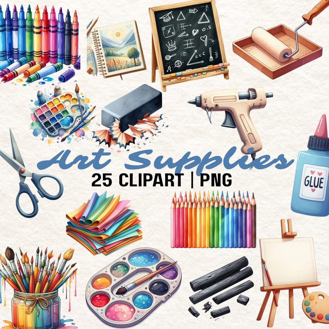 Watercolor Art Supplies Clipart: 25 PNG Illustrations (digital Download ...