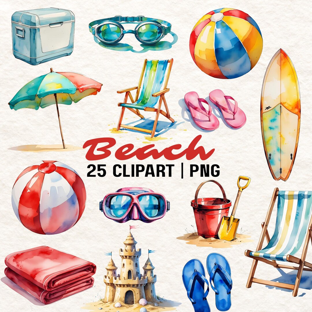 Beach Watercolor Clipart: Summer Vacation PNG Graphics (digital ...