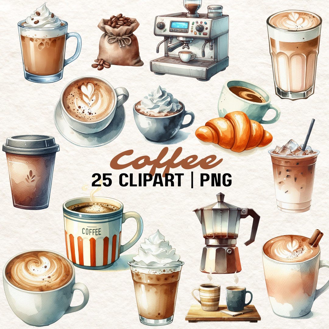 Coffee Watercolor Clipart: Coffee Cups, Beans, Cafe (digital Download ...