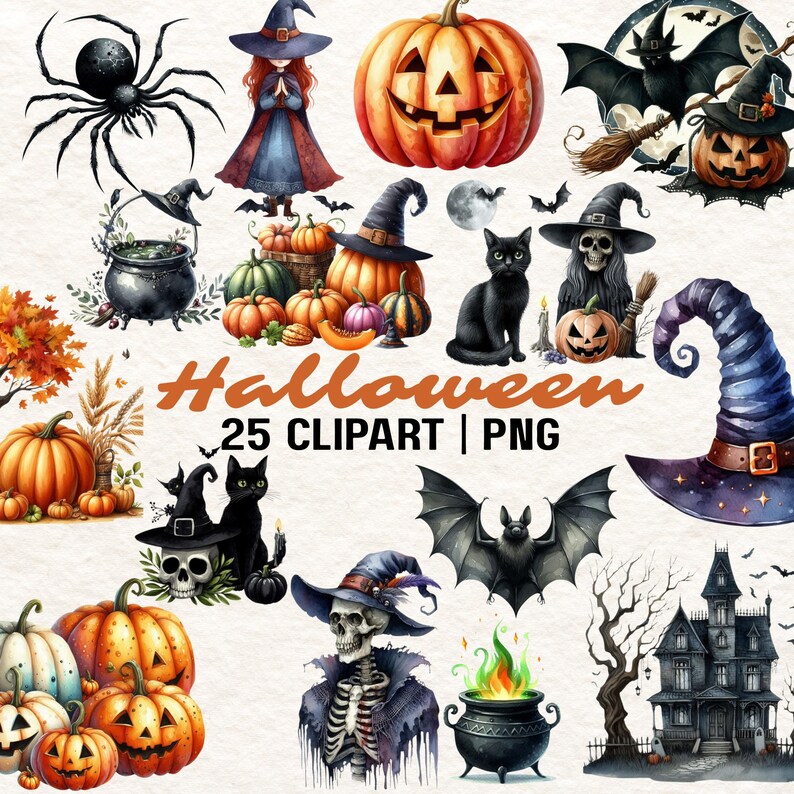 25 Halloween Watercolor Clipart: Spooky PNG Images (digital Download ...