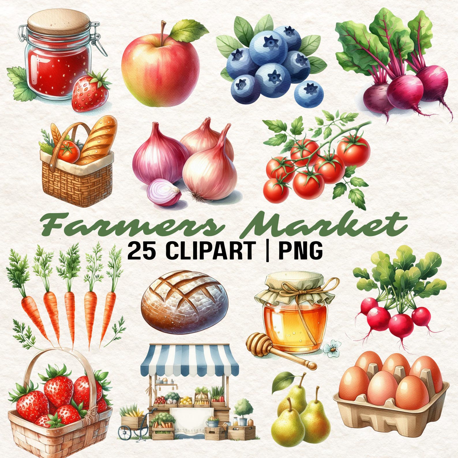 Farmers Market Watercolor Clipart: Fresh Produce PNG (digital Download ...
