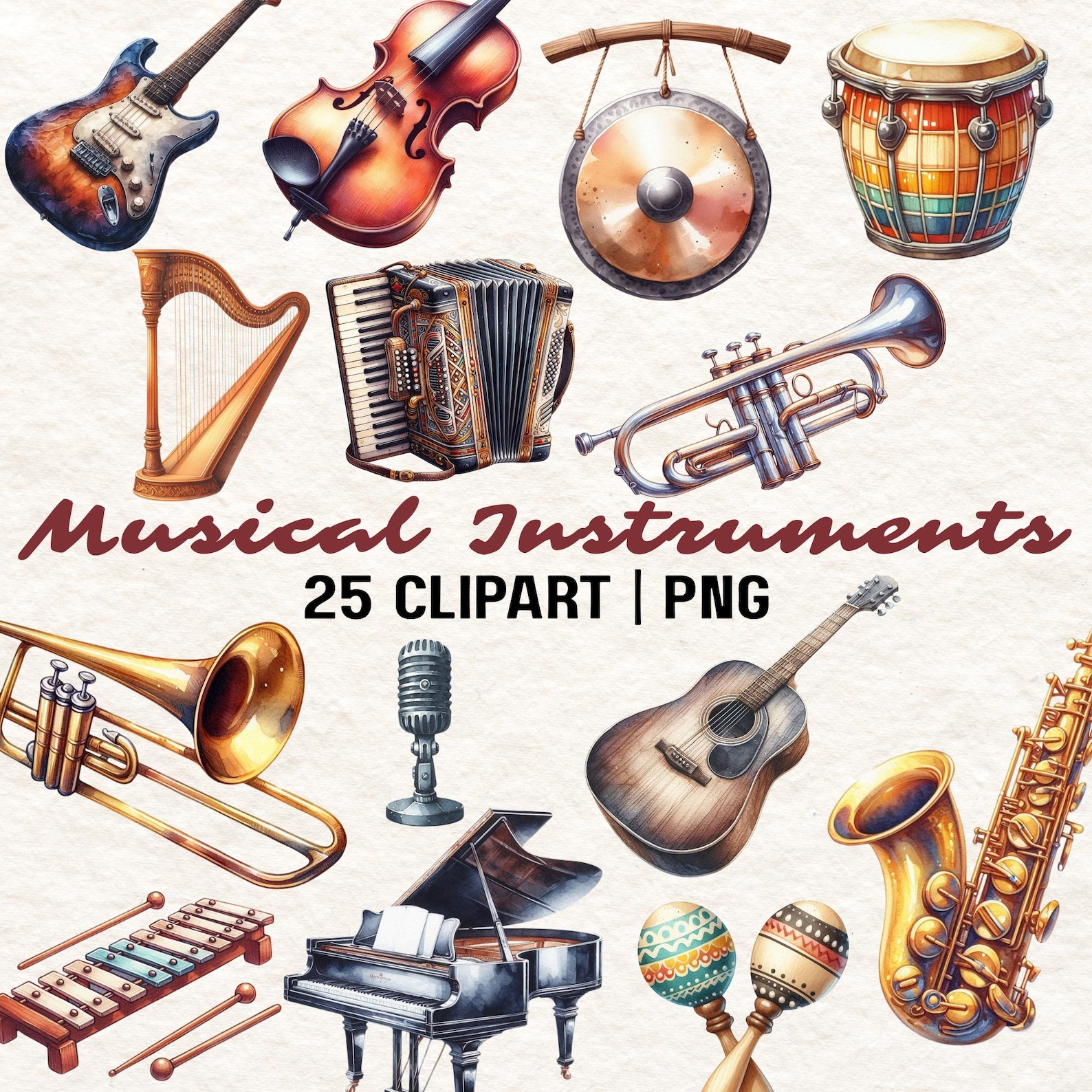 Watercolor Musical Instrument Clipart: Piano, Guitar, Violin (digital ...