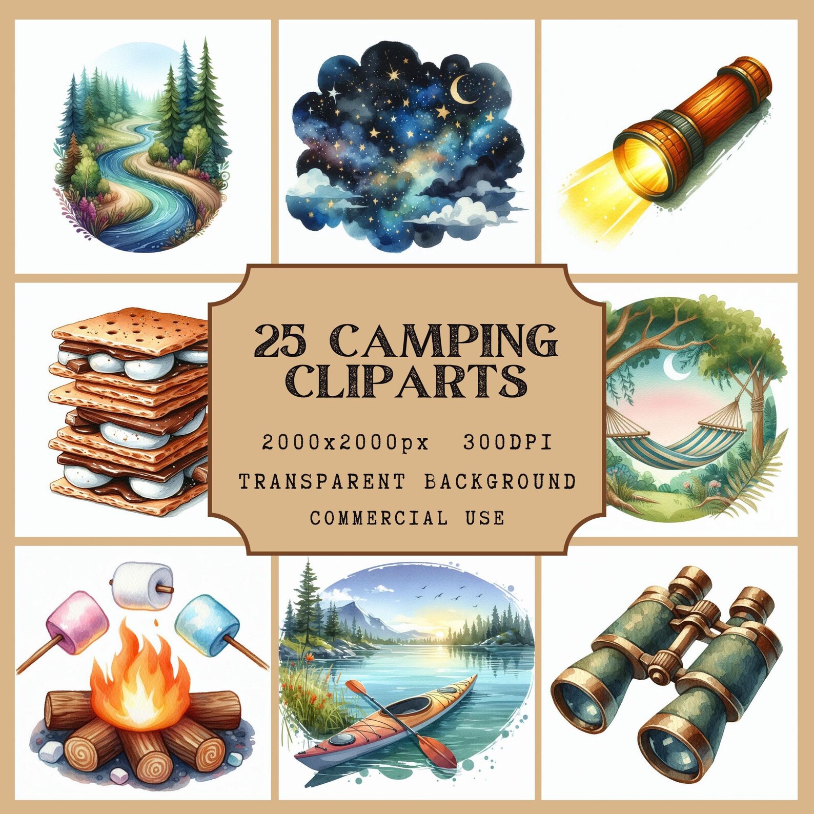 25 Camping Watercolor Clipart | Transparent Background | Watercolour ...