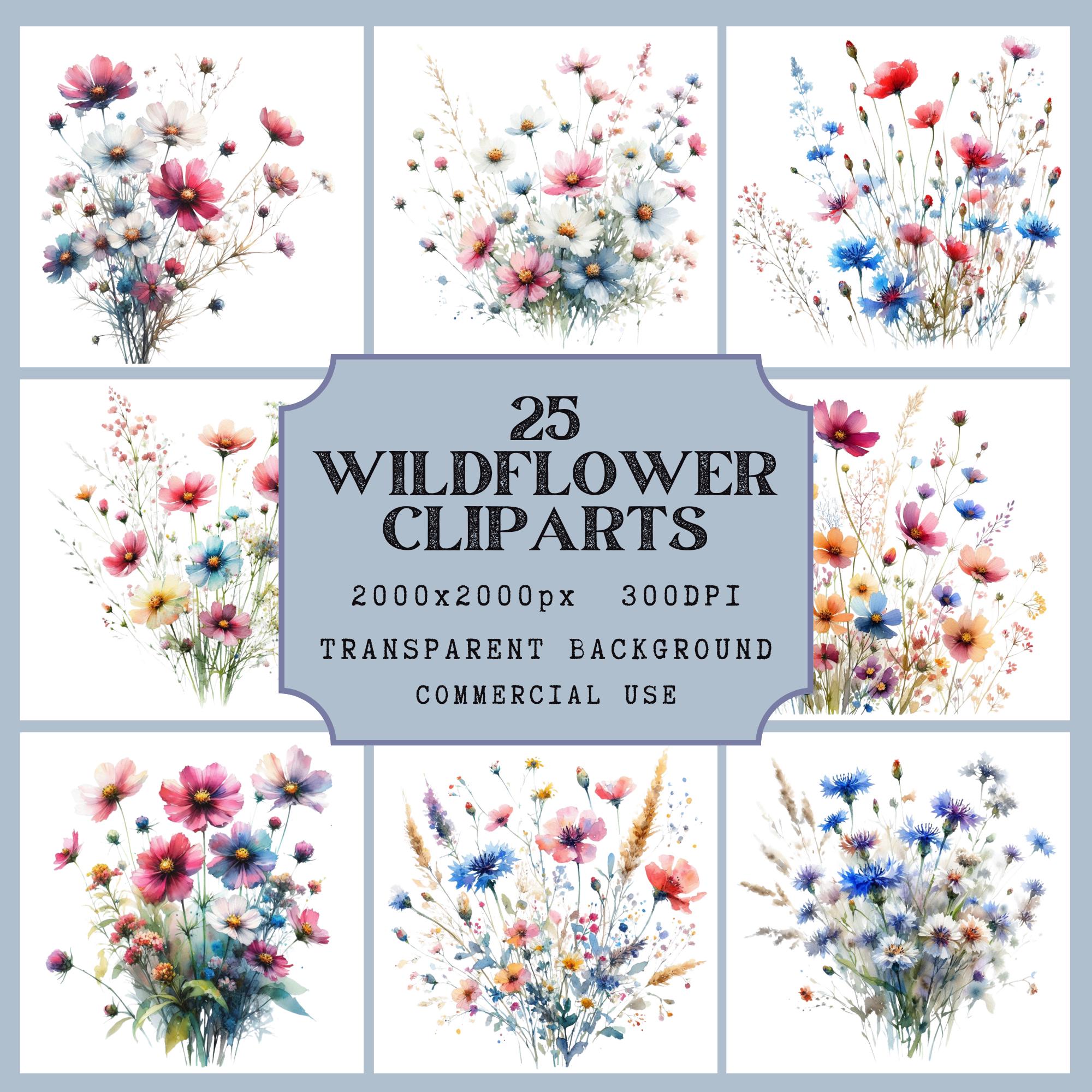 25 Wildflower Watercolor Clipart | Transparent Background | Watercolour ...