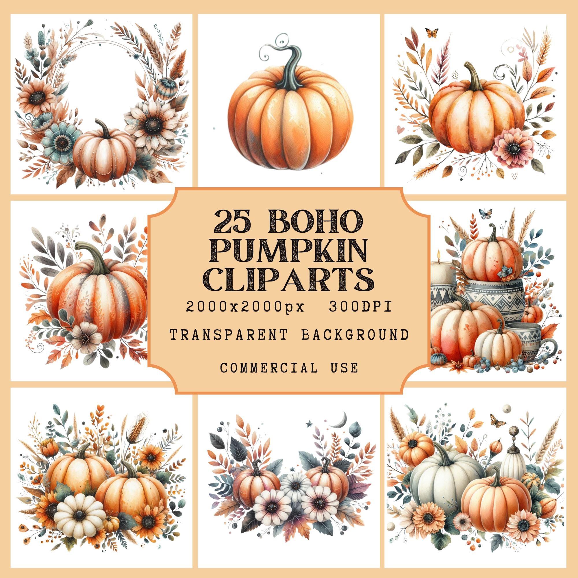 25 Boho Pumpkin Clipart Pumpkin Printable Autumn Clipart Fall Clipart ...