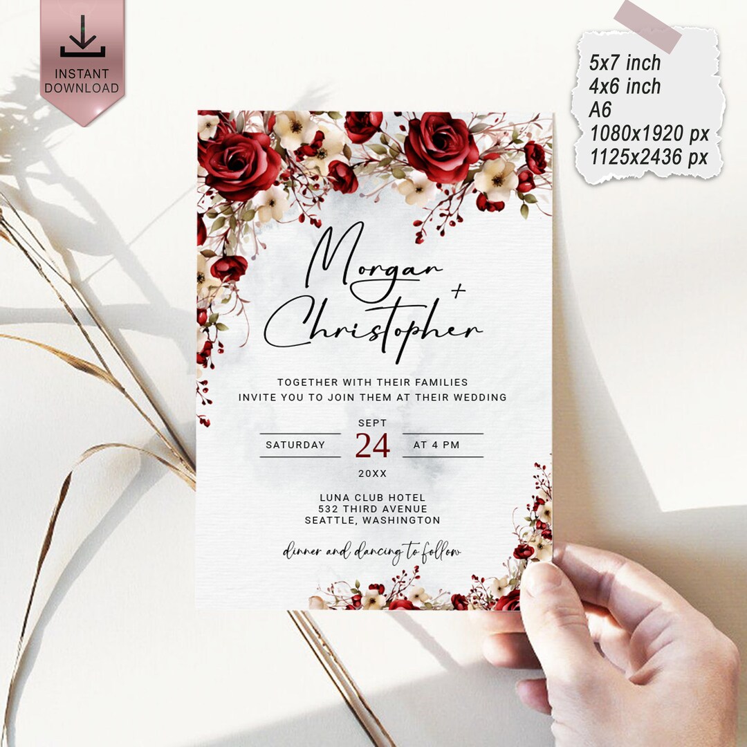 Invitación de flores rojas, invitación de boda minimalista, invitación ...