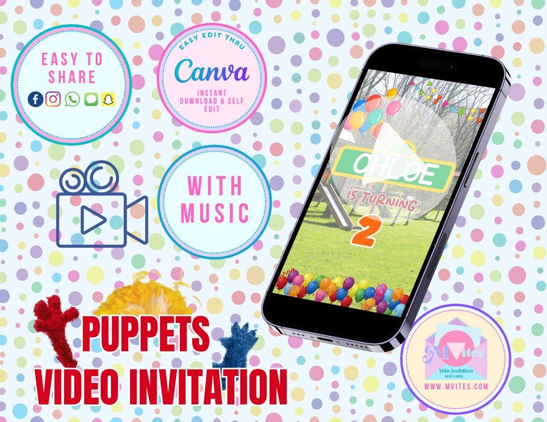 Puppets Birthday Party Video Invitation Template, Kids Digital Animated ...