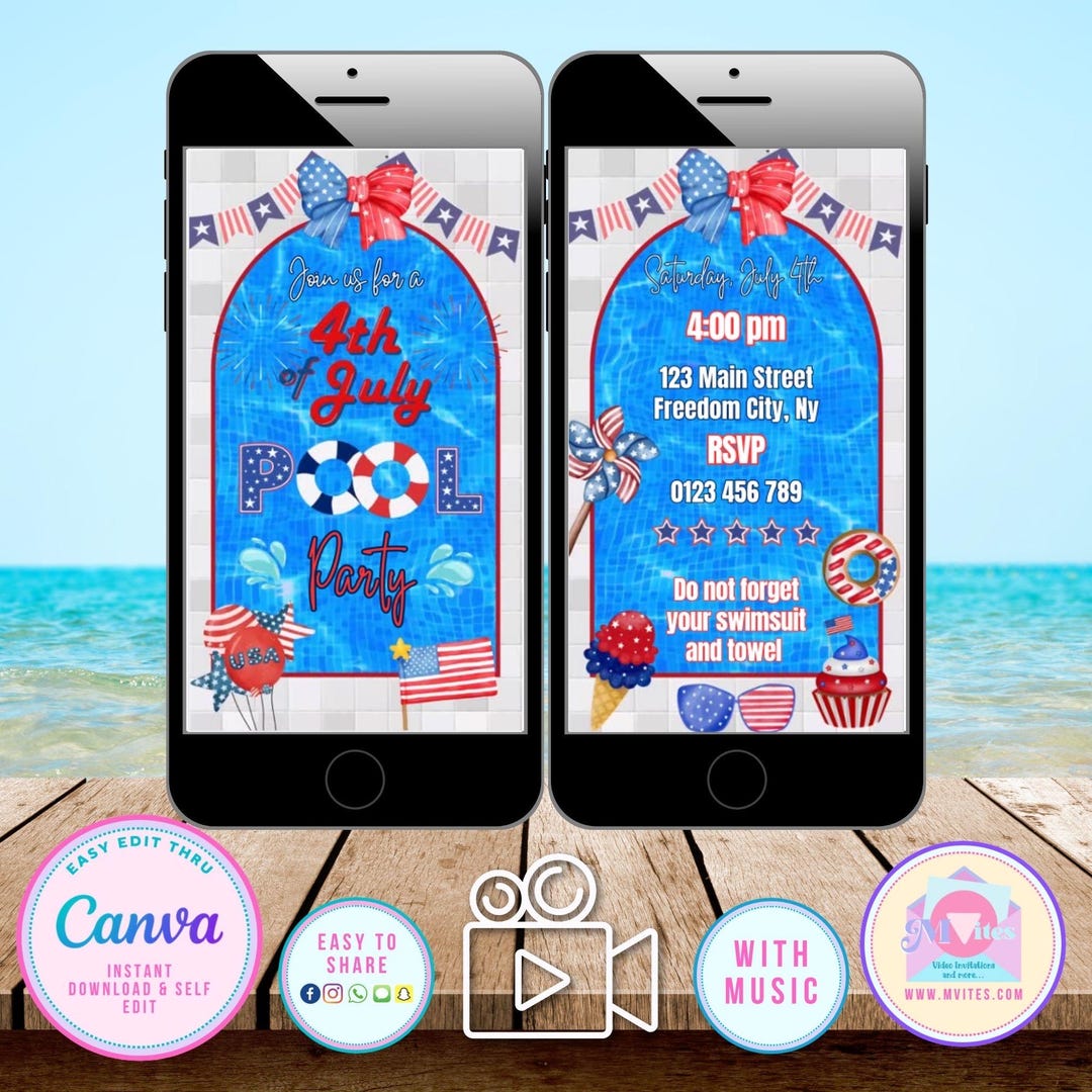 Editable 4th of July Pool Party Animated Invitation Template ...