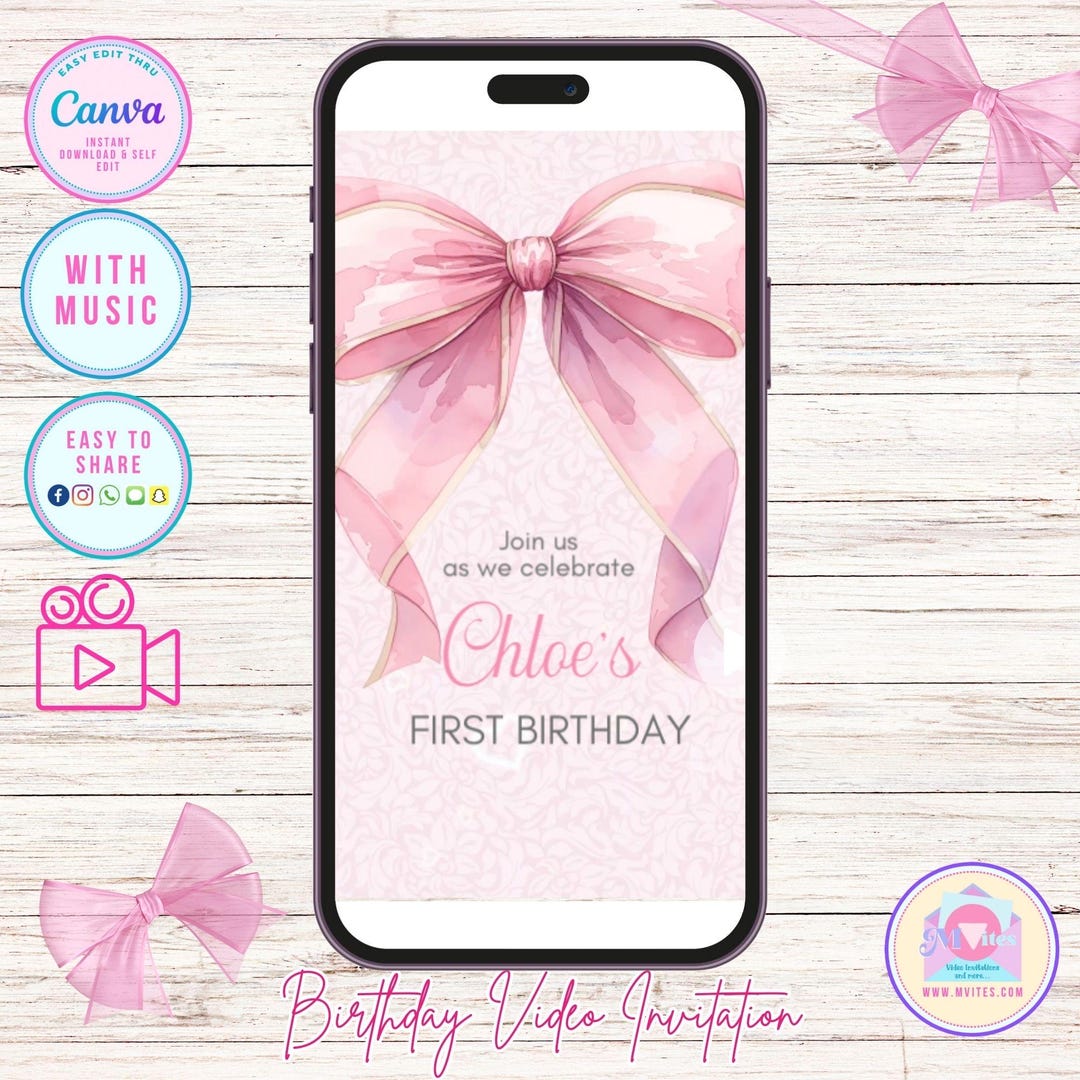 Pink Bow First Video Invitation Girl, Bow Birthday Template Animated ...