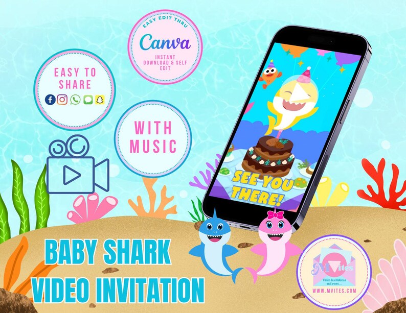Shark Family Themed Baby Shark Birthday Video Invitation Template ...