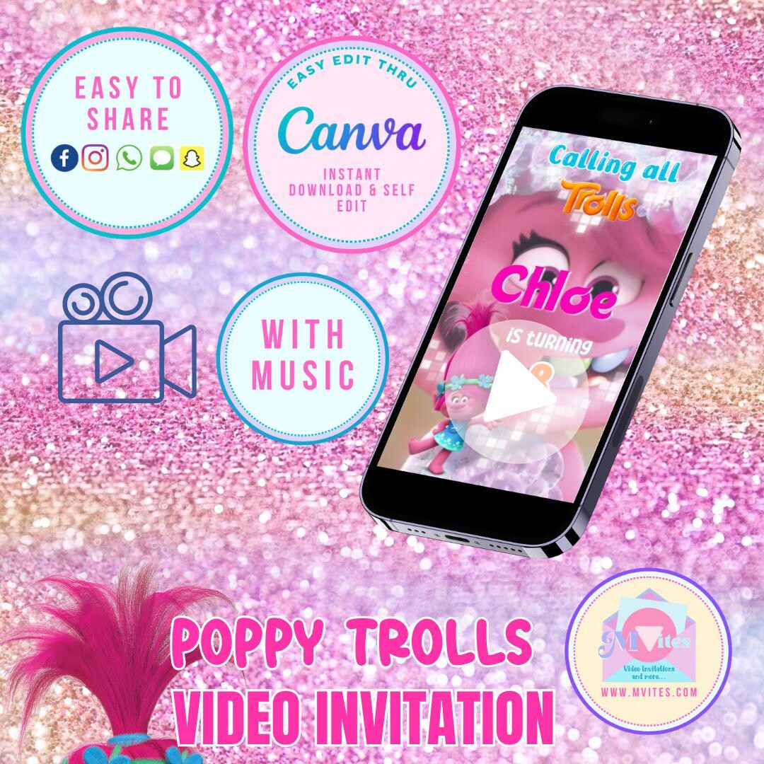 Editable Birthday Invitation Template , Poppy Invitation, Trolls Video ...