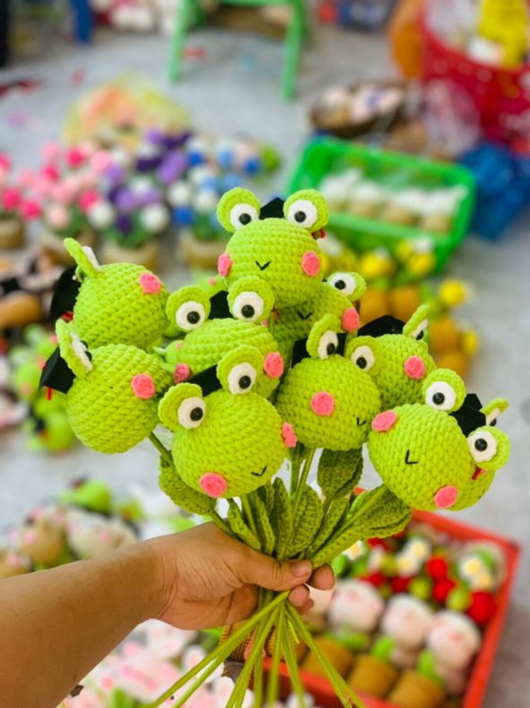 1 Handmade Cute Frog Head Graduation Flower, Crochet Bouquet, Knit ...