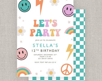 Editable Neutral Let's Party Smile Face Birthday Invitation Template ...