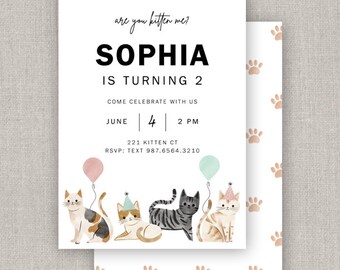 Kitty Girl Birthday Invitation, Lavender Kitten Party Invitation, Cat ...