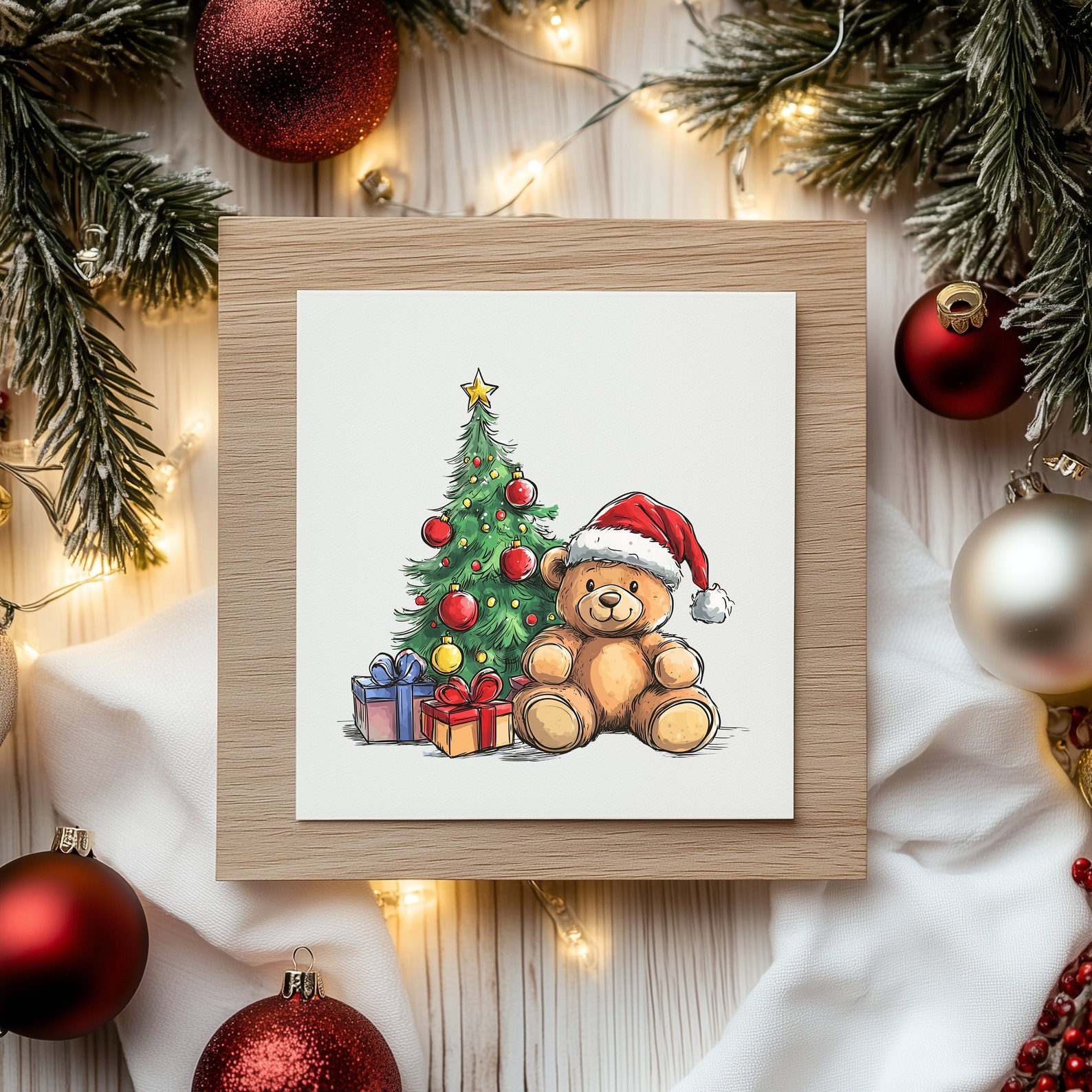 Cute Christmas Teddy Bear, Santa Hat Bear With Christmas Tree, Holiday ...