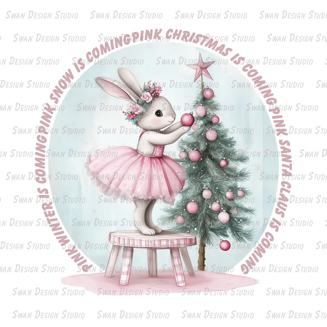 Pink Christmas Bunny Decorates Christmas Tree|cute Rabbit Art in Pink ...