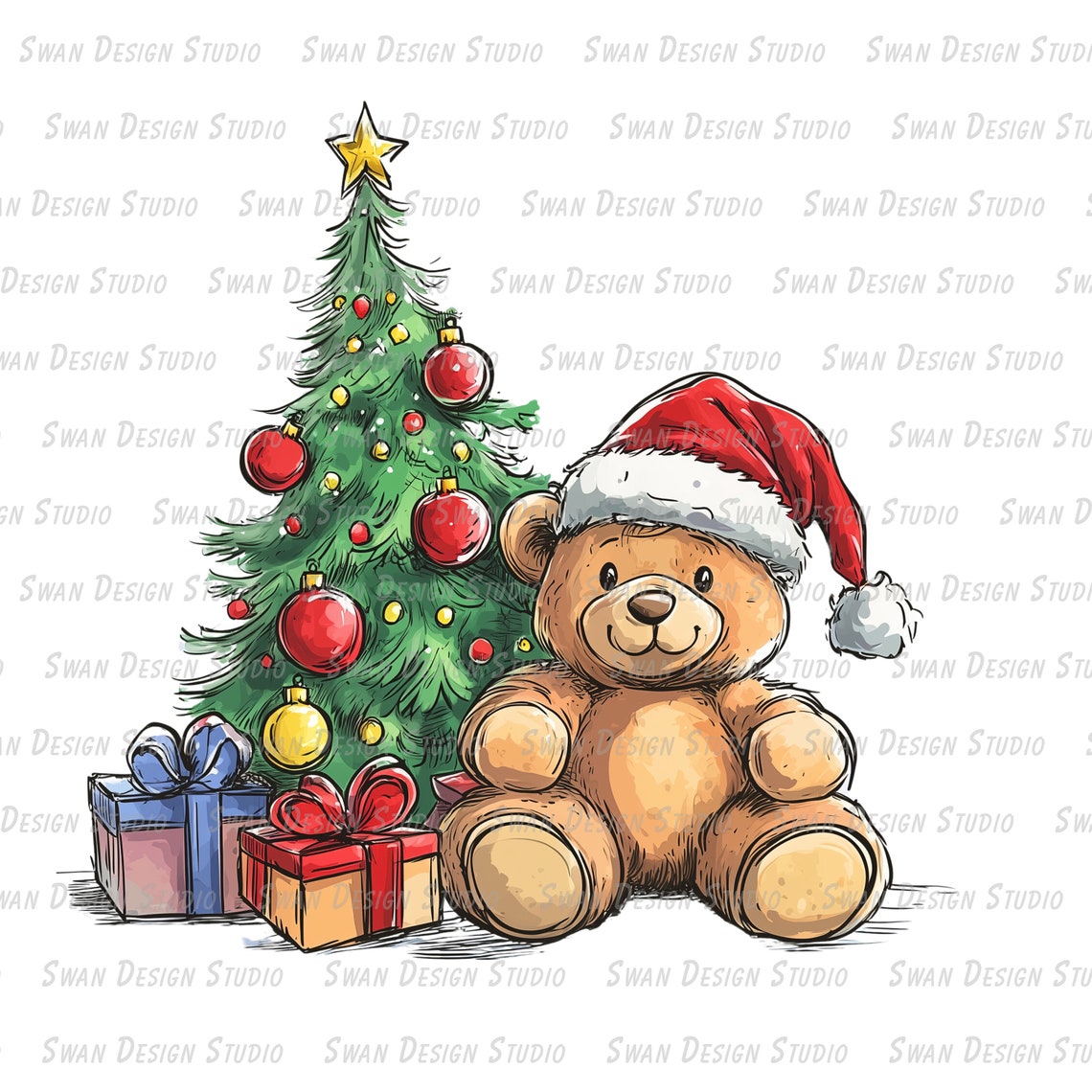 Cute Christmas Teddy Bear, Santa Hat Bear With Christmas Tree, Holiday ...
