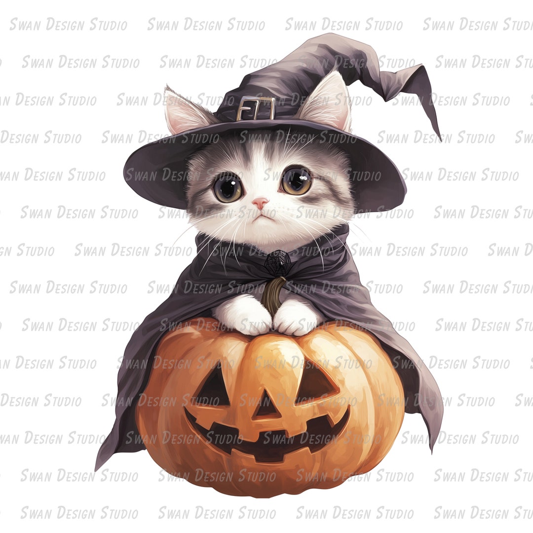 Cute Halloween Kitten Clipart, Witch Cat on Pumpkin, Adorable Cat With ...