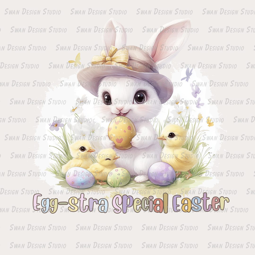 Adorable Easter Bunny With Chicks and Painted Eggs Digital Illustration ...