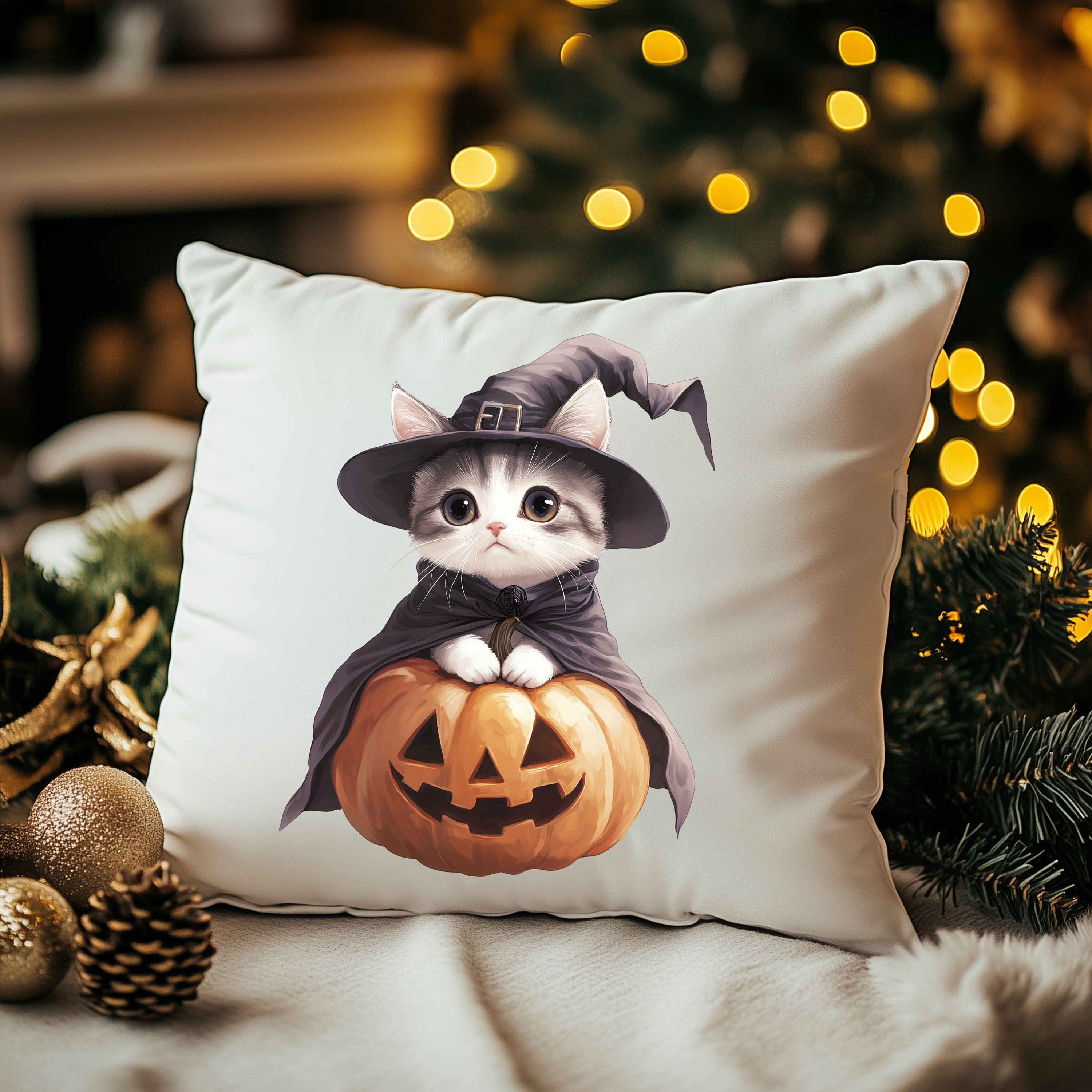 Cute Halloween Kitten Clipart, Witch Cat on Pumpkin, Adorable Cat With ...