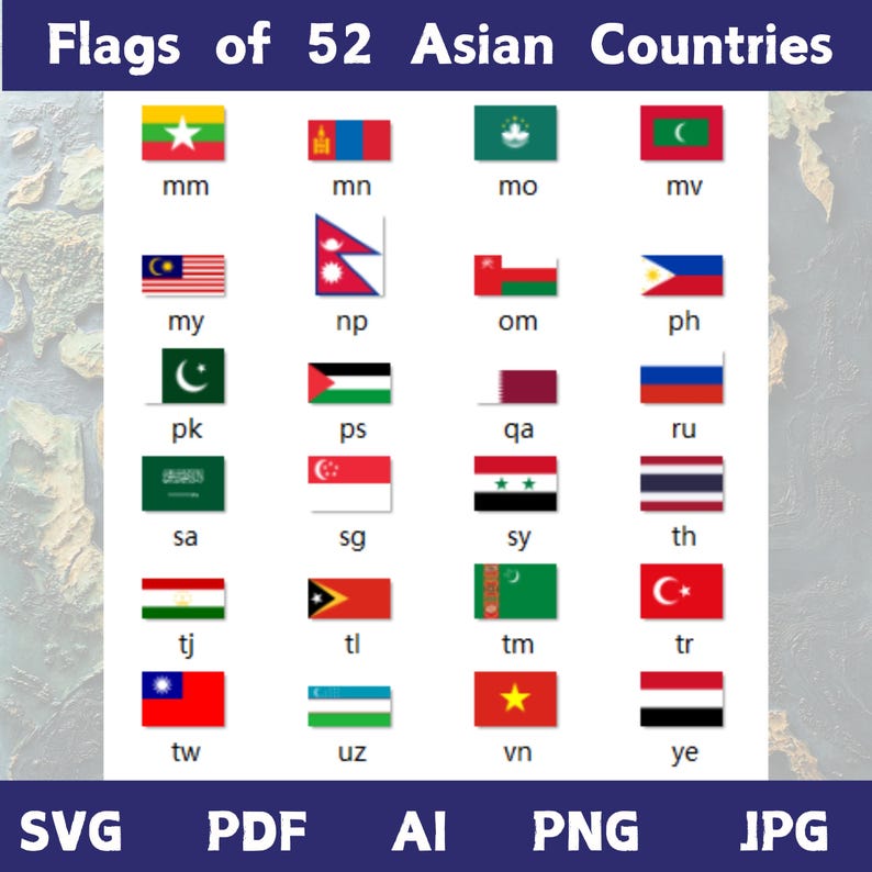 Asia Flags Bundle – 52 Country Flags | Svg, Png, Jpg, Pdf, Ai Files ...